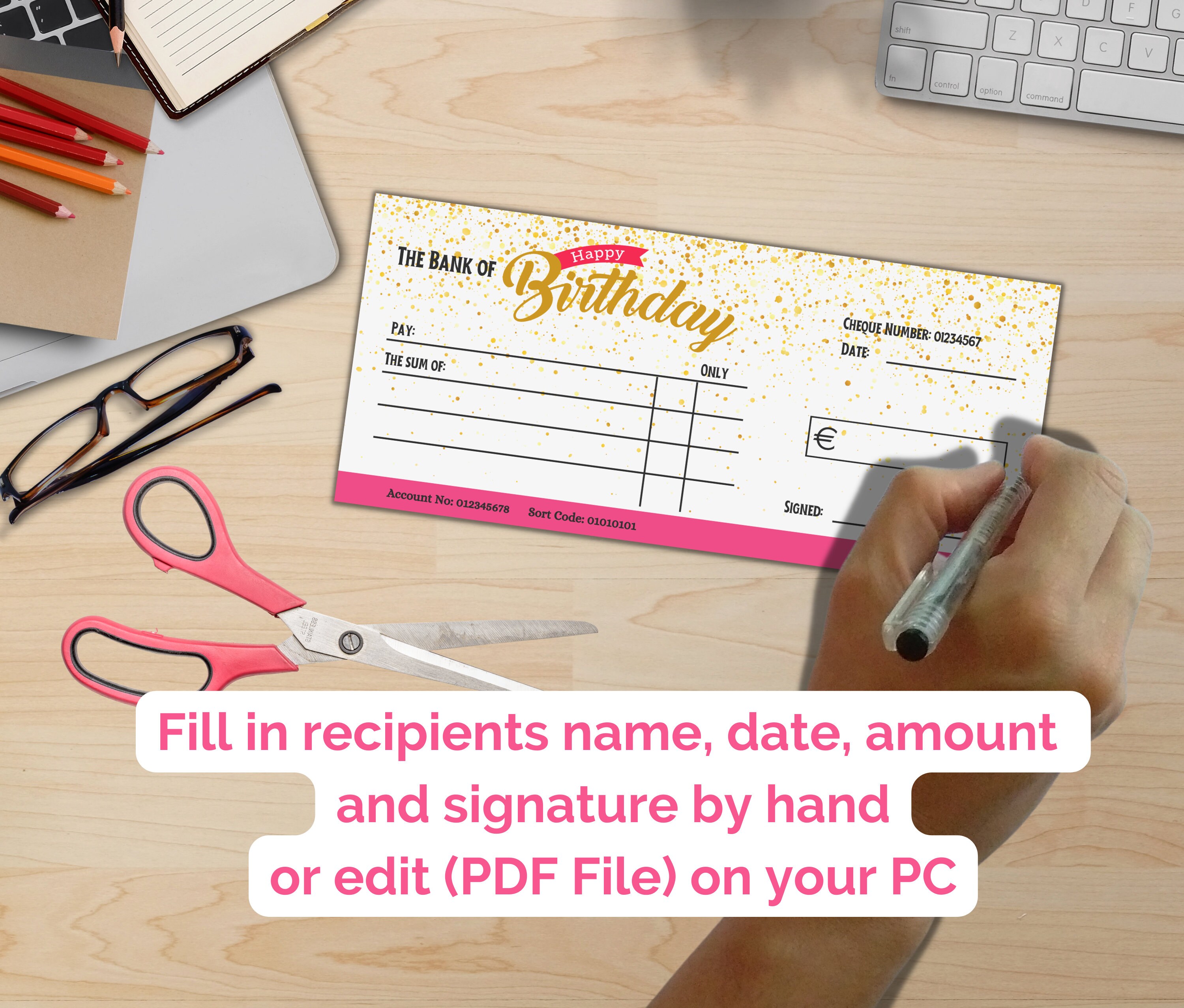 Pink Printable Birthday Cheque. Gift Cheque Template for Girls - Etsy UK