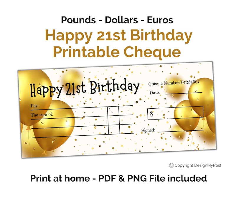 21st Birthday Gift Fake Blank Cheque Template Euros Pounds & - Etsy