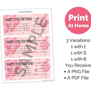Printable 13th Birthday Cheque. Pink Blank Gifting Cheque Template ...