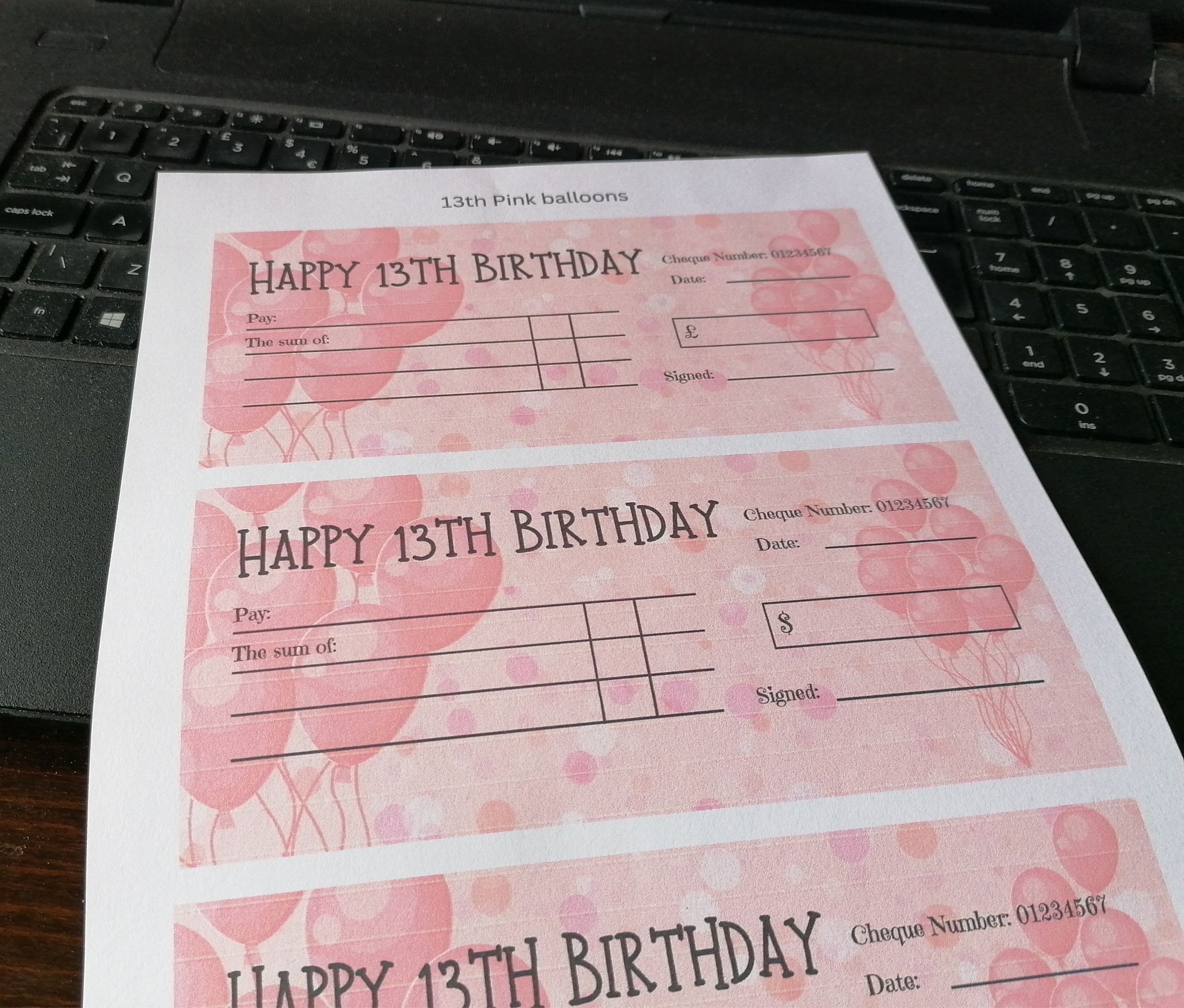 Printable 13th Birthday Cheque. Pink Blank Gifting Cheque Template ...