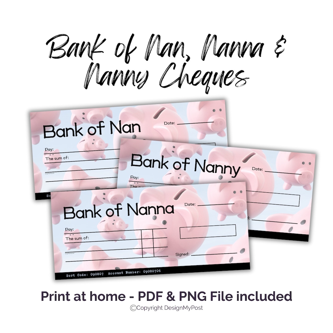 Bank of Nan, Nanna, Nanny Blank Cheque. Gifting Cheque for ...