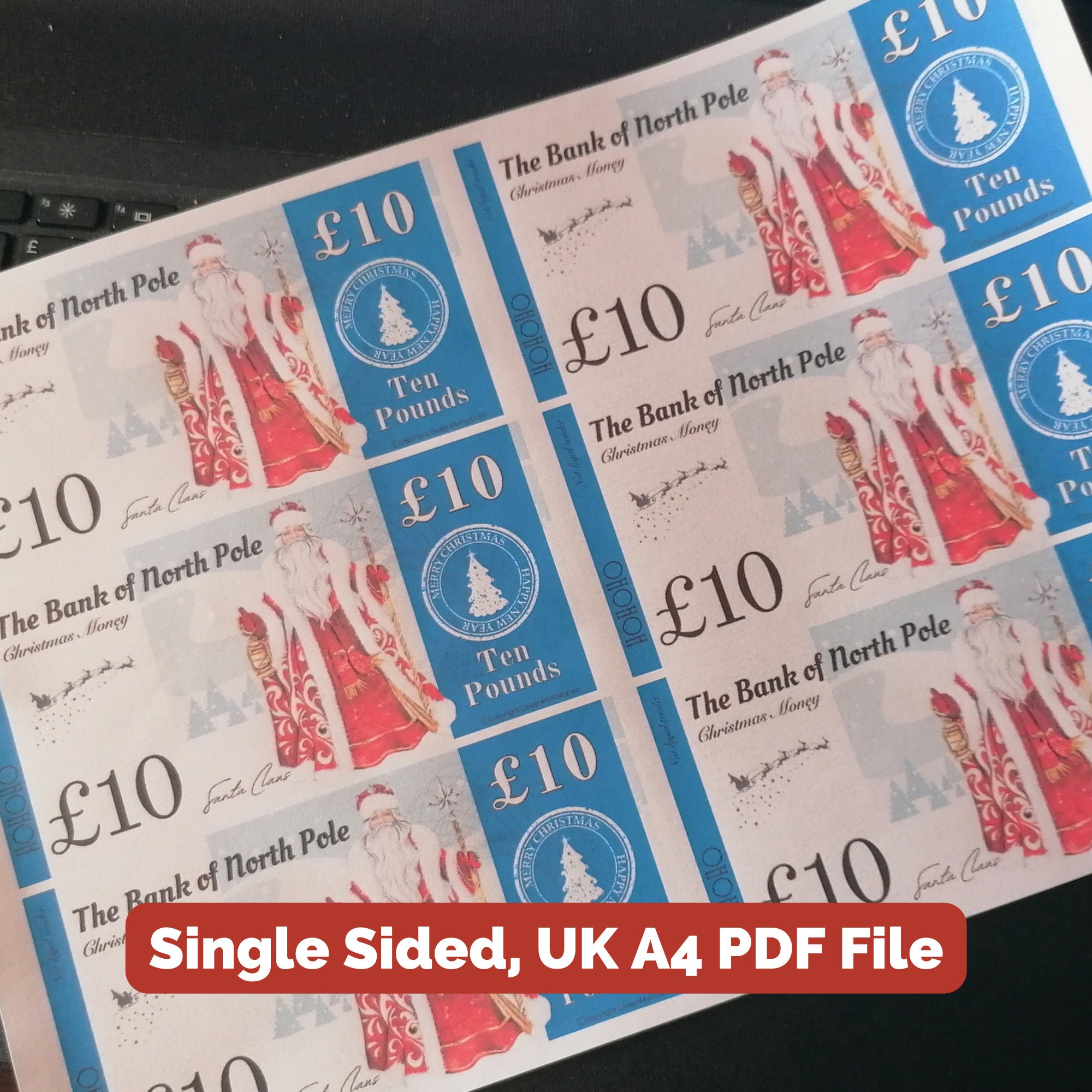 Christmas Cash, Ten Pounds Printable Santa Bank Notes. Pretend Fun Xmas ...