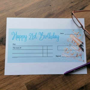 Big Cheque for 21st Birthday in Light Blue. Gifting Blank Cheque ...