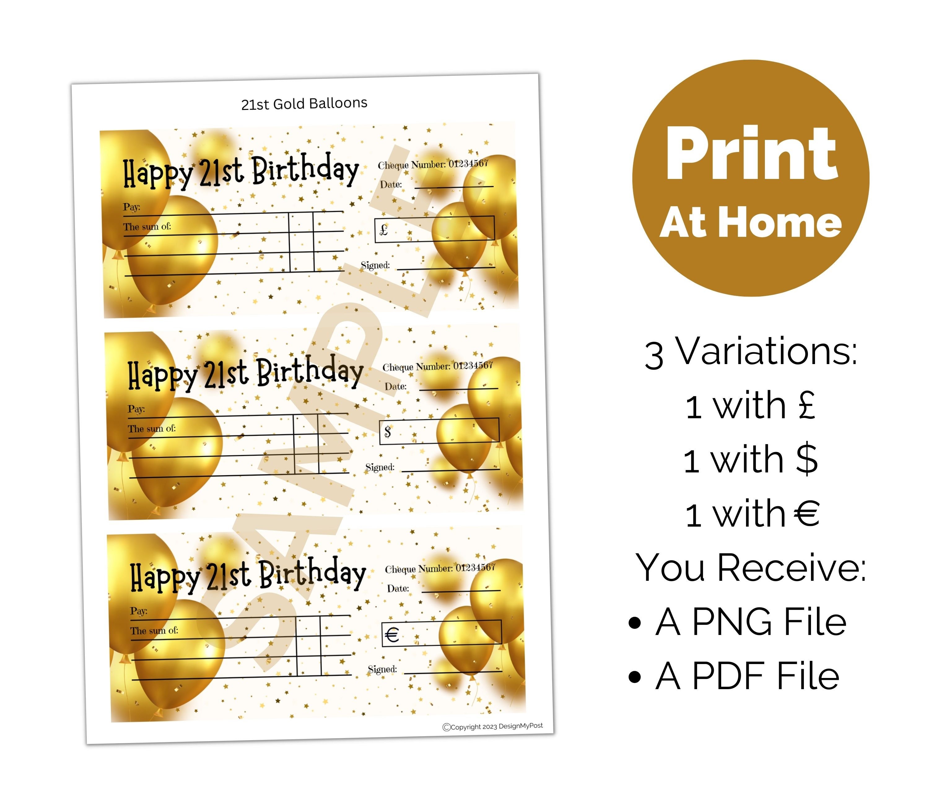 21st Birthday Gift Fake Blank Cheque Template Euros Pounds & - Etsy