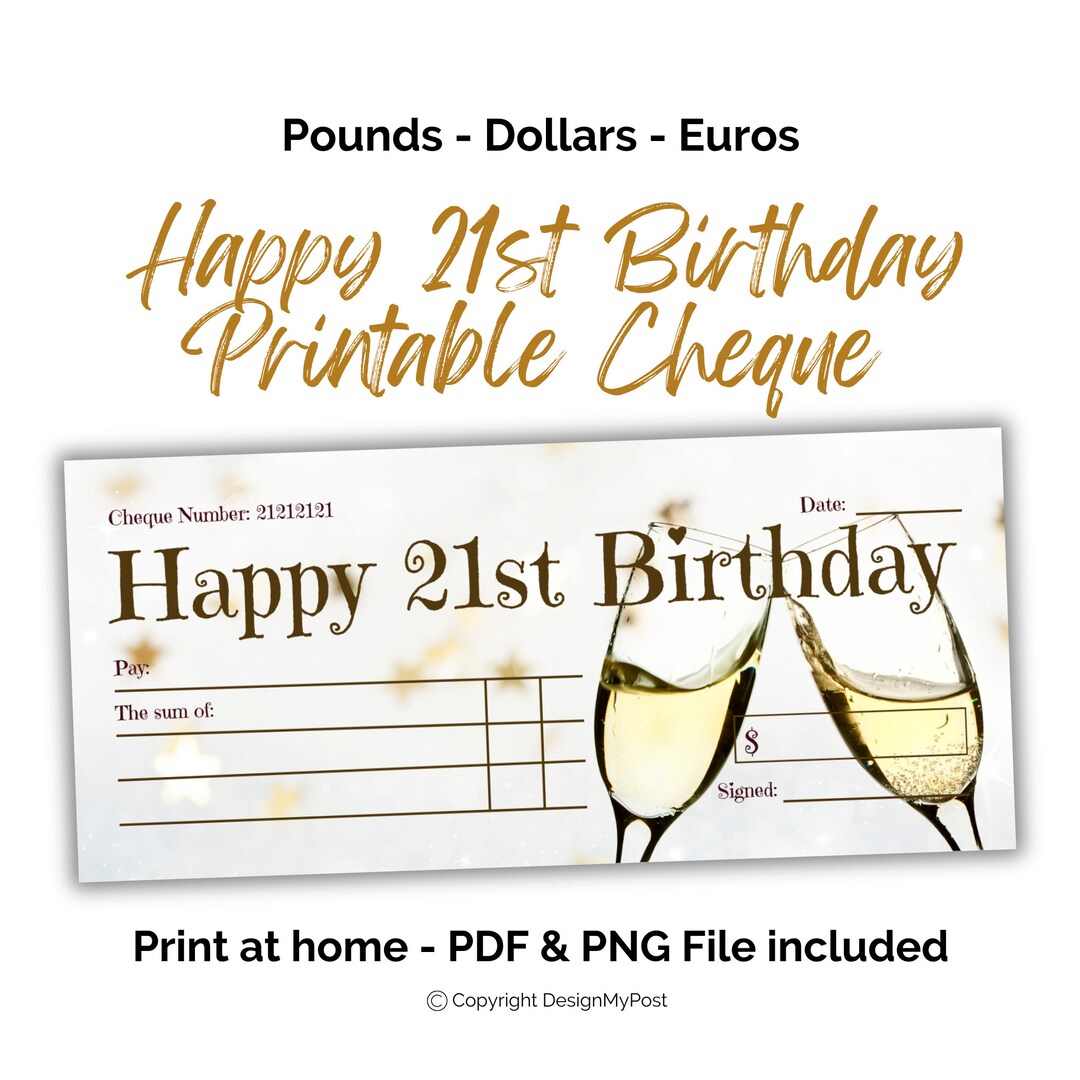 21st Birthday Gift Blank Cheque. Fake Check for Gifting. Euros, Pounds ...