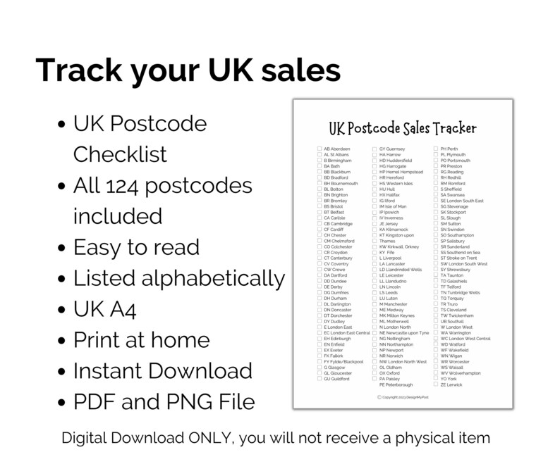 UK Postcode Sales Tracker Printable A4 Checklist Print at Home PNG and ...
