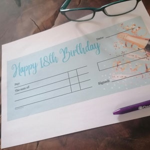 Large Blue Cheque for 18th Birthday. Gifting Blank Cheque Template ...