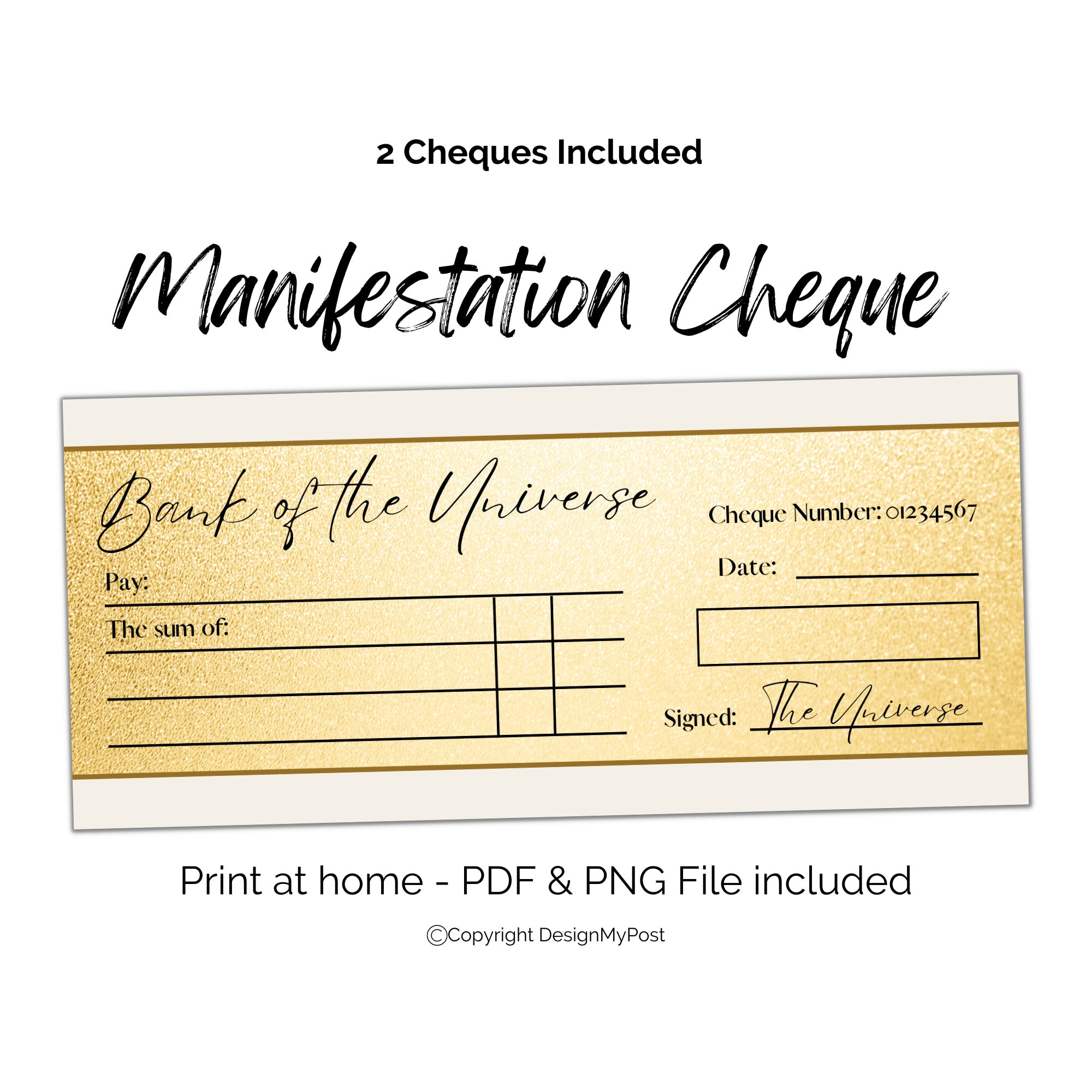 Manifestation Cheques Law of Attraction Blank Printable Check Gold ...