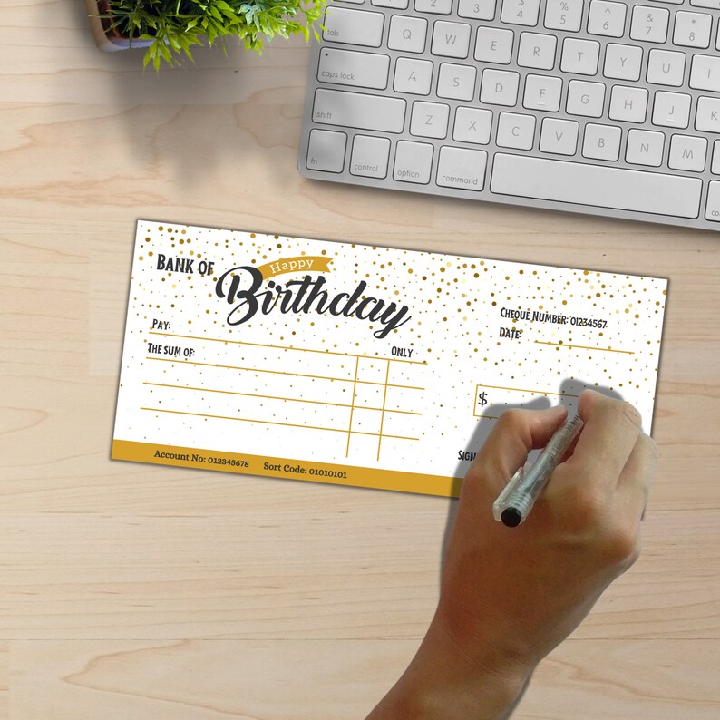 Gold Printable Birthday Cheque. Gift Cheque Template. Euros, Pounds ...