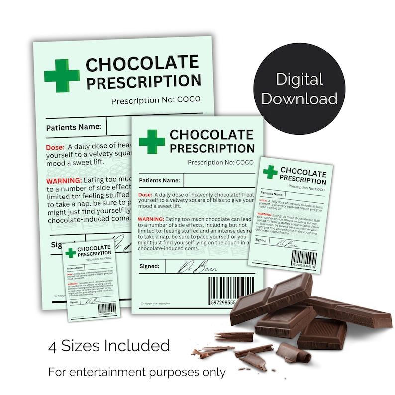 Chocolate Prescription Label. Printable Novelty Gift for Chocolate ...