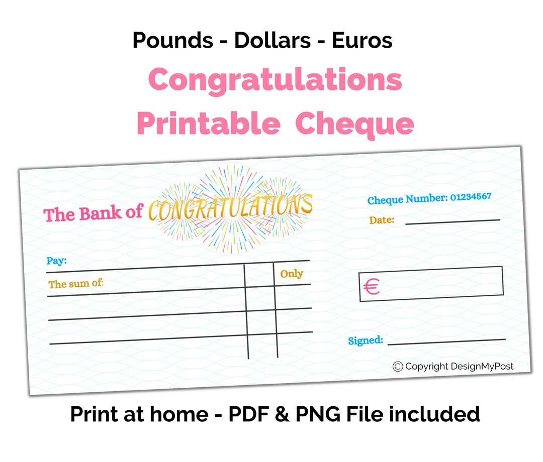 Congratulations Cheque. Printable Gift Cheque Template. Euros - Etsy