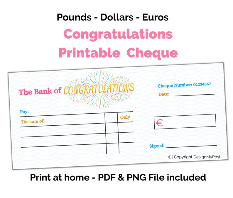 Congratulations Cheque. Printable Gift Cheque Template. Euros - Etsy