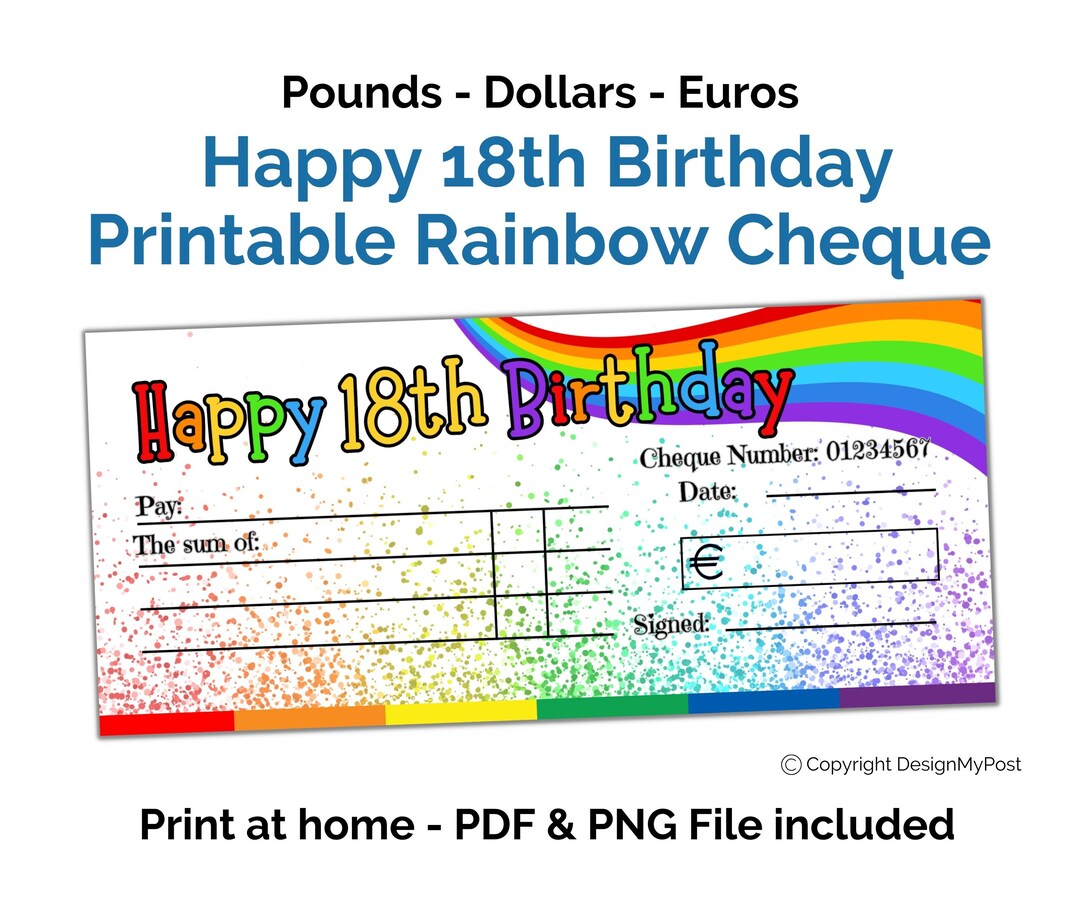 Printable 18th Birthday Cheque. Rainbow Gift Blank Cheque - Etsy