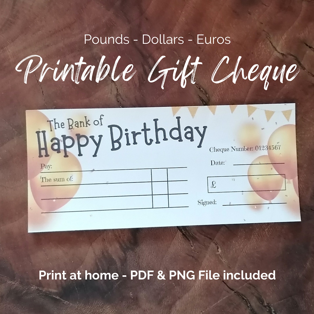 Printable Birthday Cheque With Gold Balloons. Gift Cheque Template ...