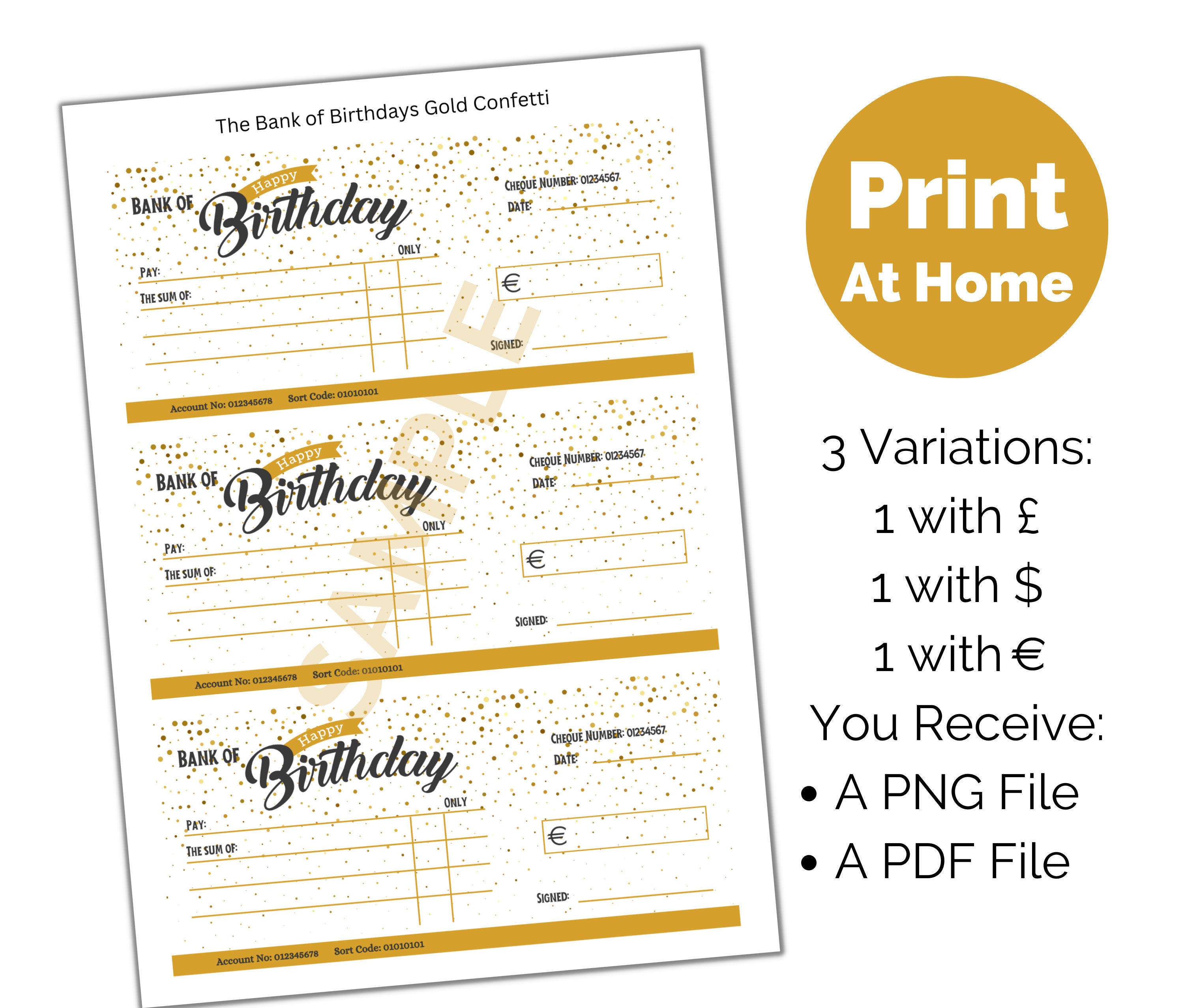 Gold Printable Birthday Cheque. Gift Cheque Template. Euros, Pounds ...