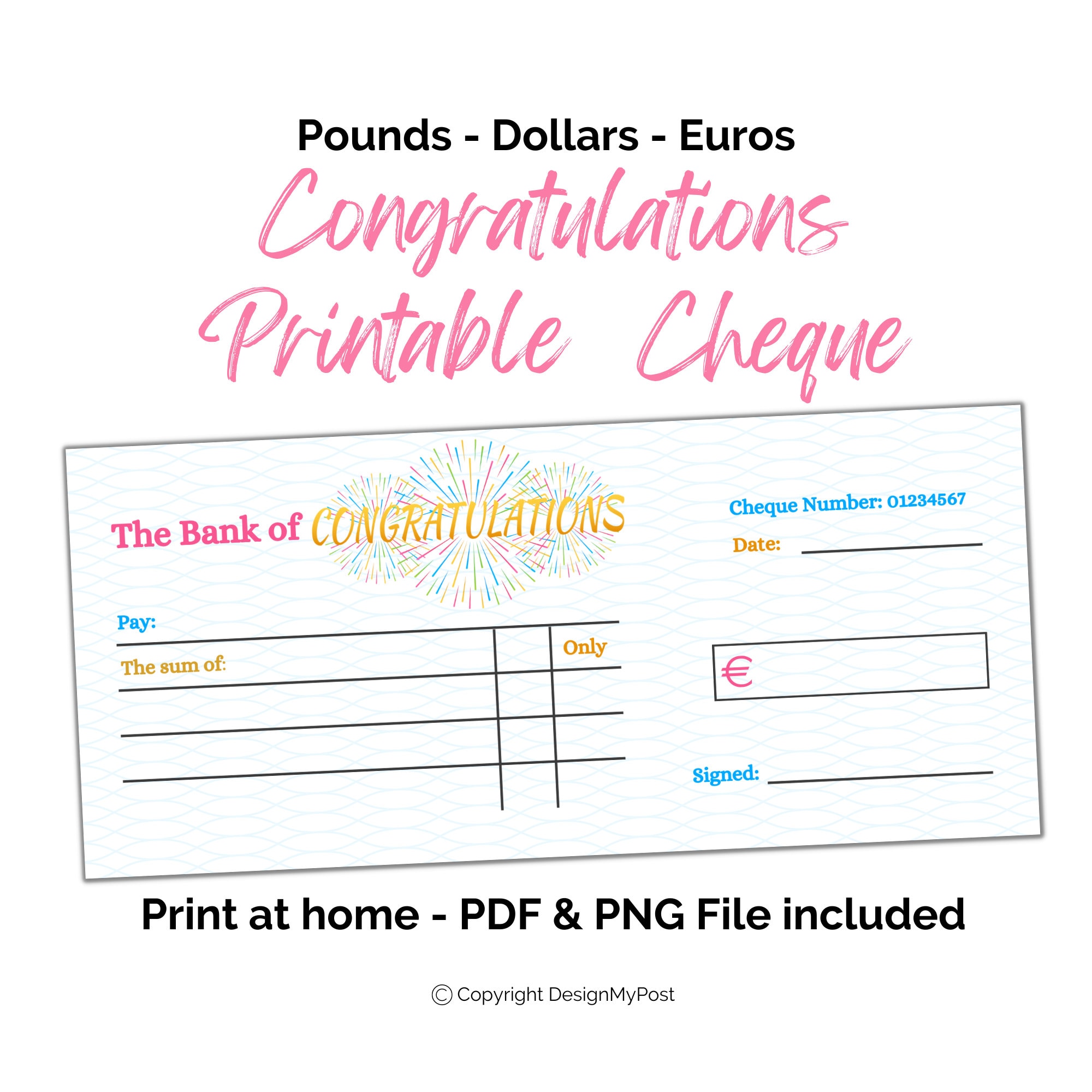 Congratulations Cheque. Printable Gift Cheque Template. Euros, Pounds ...