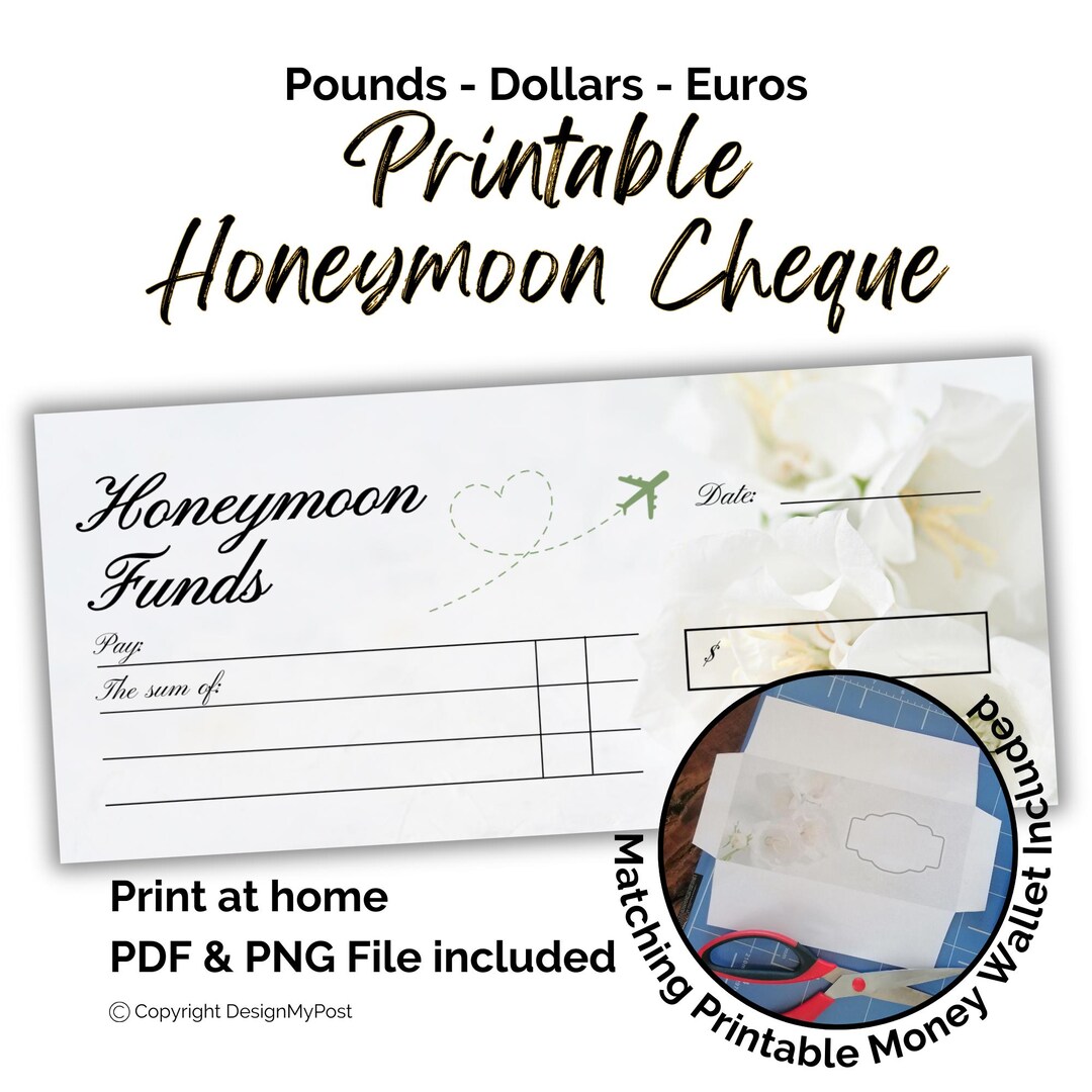 Printable Blank Cheque Gift for Newly Weds Honeymoon Funds With Money ...