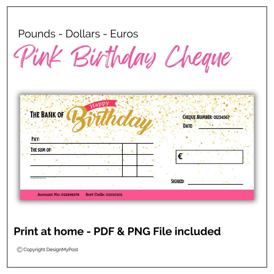 Pink Printable Birthday Cheque. Gift Cheque Template in Euros, Pounds ...