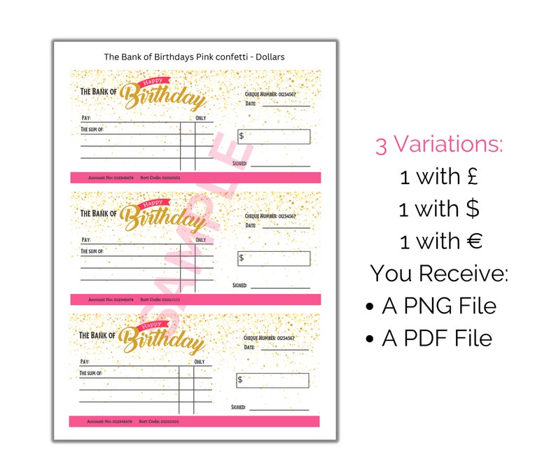 Pink Printable Birthday Cheque. Gift Cheque Template for Girls in Euros ...