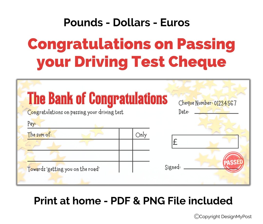 Congratulations on Passing Driving Test. Printable Gift Cheque - Etsy
