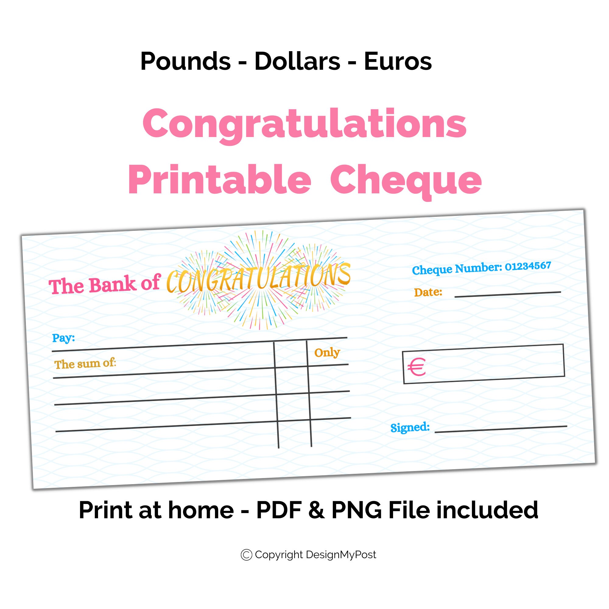 Congratulations Cheque. Printable Gift Cheque Template. Euros - Etsy UK