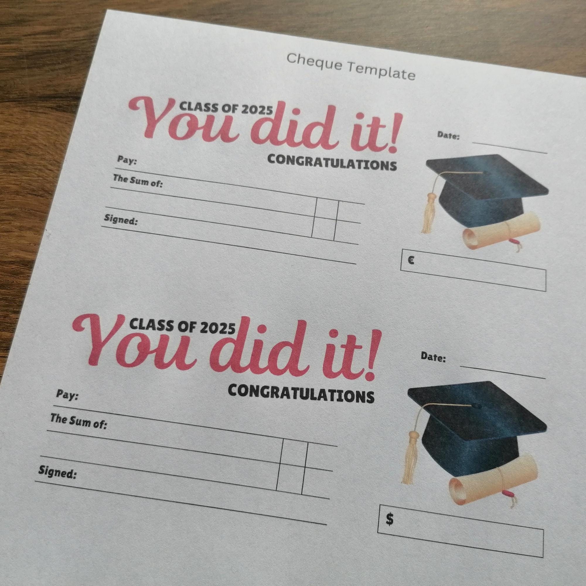 Class of 2025 Graduation Cheque. Printable Gifting Blank Check. Euros ...