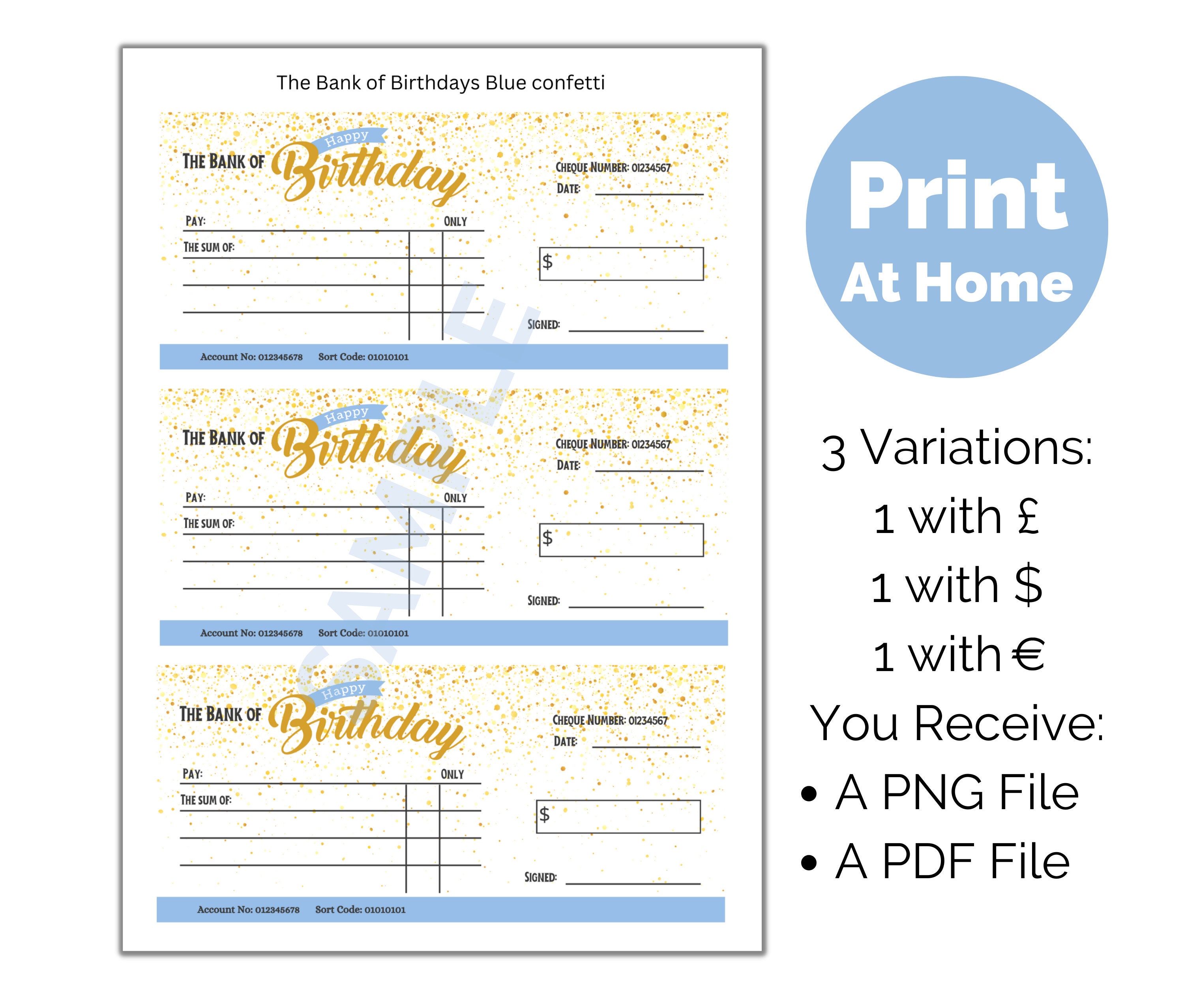 Blue Printable Birthday Cheque. Gift Cheque Template for Boys - Etsy UK