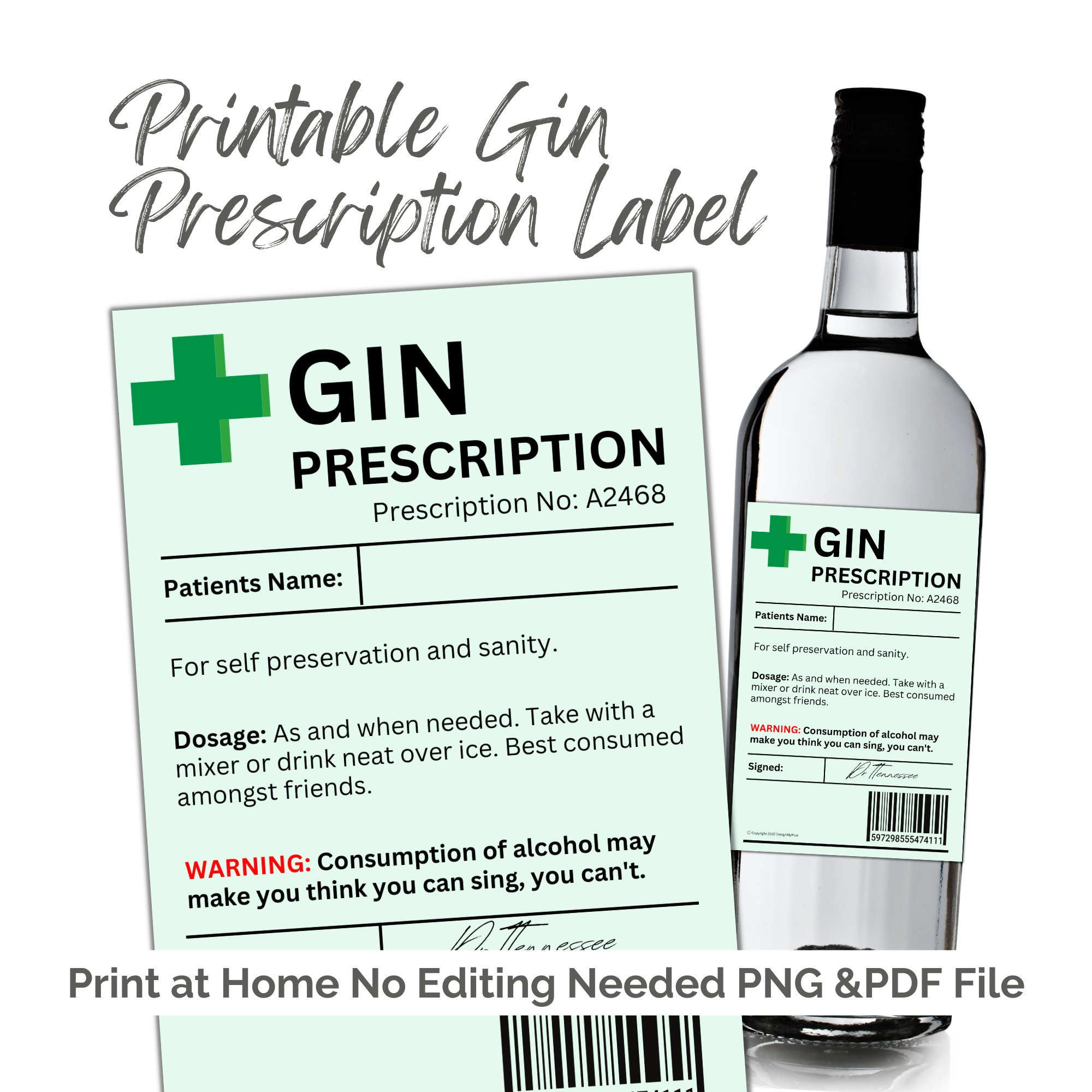 Gin Prescription Label. Printable Novelty Gift. Funny Gift. Digital ...