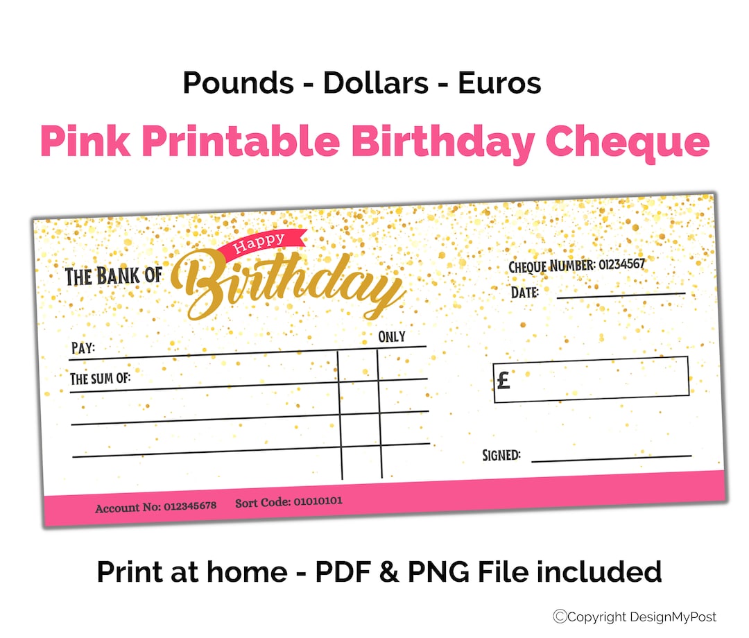 Pink Printable Birthday Cheque. Gift Cheque Template for Girls - Etsy