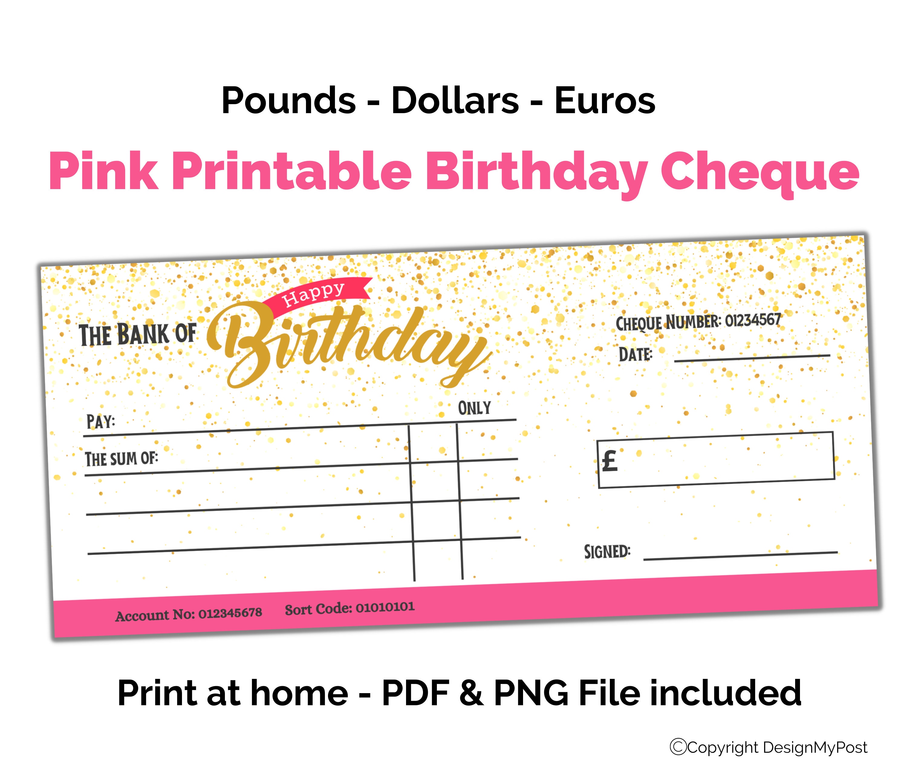 Pink Printable Birthday Cheque. Gift Cheque Template for Girls - Etsy UK