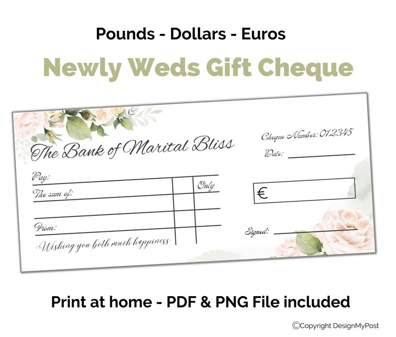 Gift for Newly Weds. Printable Wedding Money Gifting Cheque. - Etsy