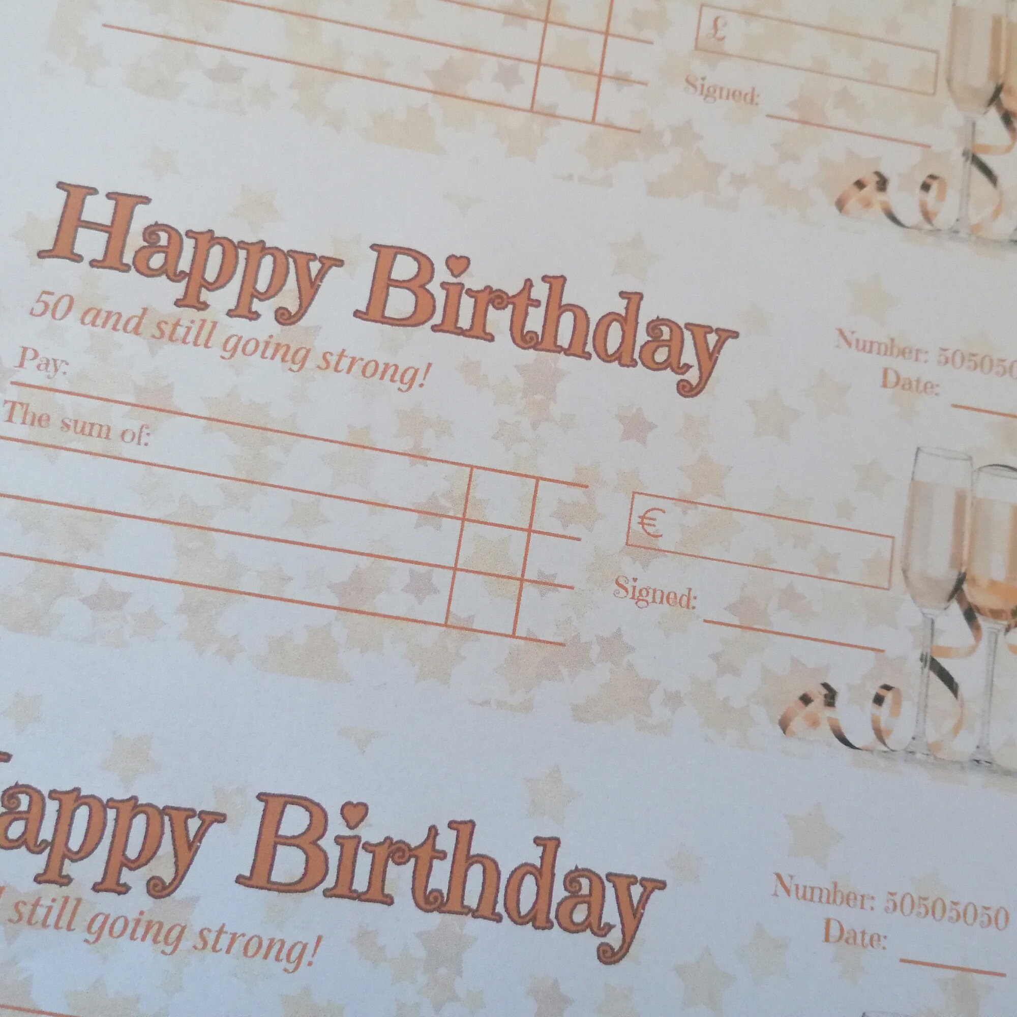 50th Printable Birthday Cheque. Gift Cheque Template, Euros, Pounds and ...