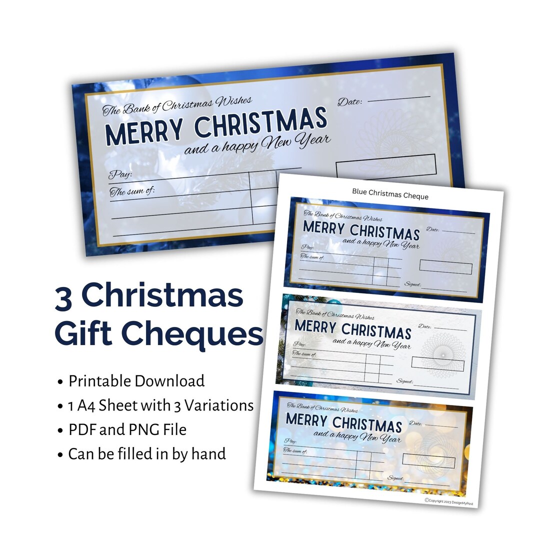 Christmas Blank Cheque in Blue, Bankers Draft. Downloadable Printable ...