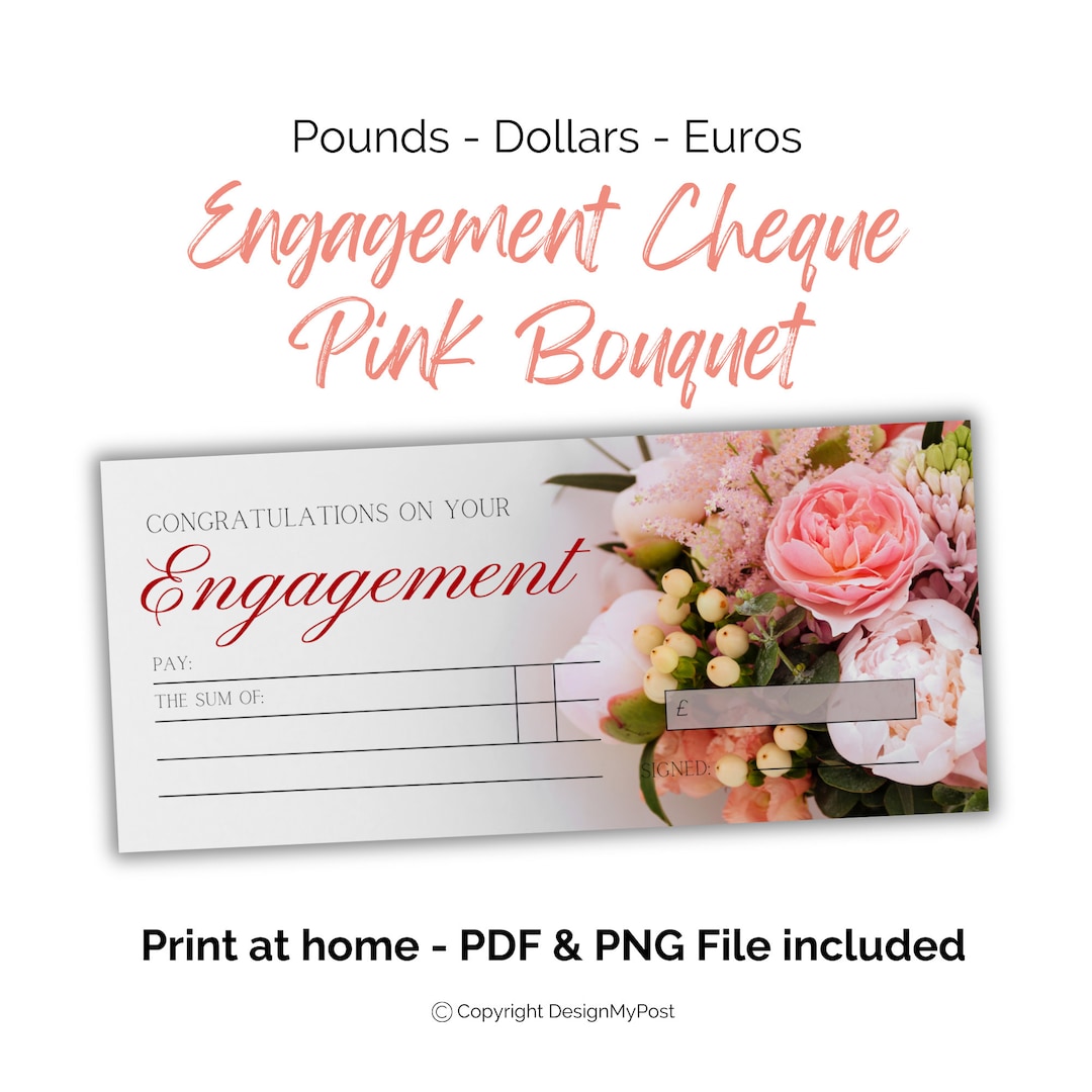 Engagement Gift Cheque: Pink Bouquet Design (printable PDF & PNG) - Etsy