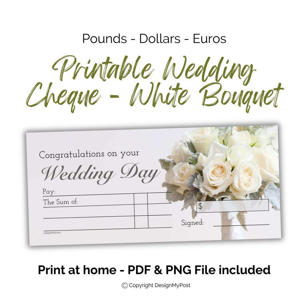 Blank Wedding Cheque. Printable Wedding Money Gifting Fake Cheque ...