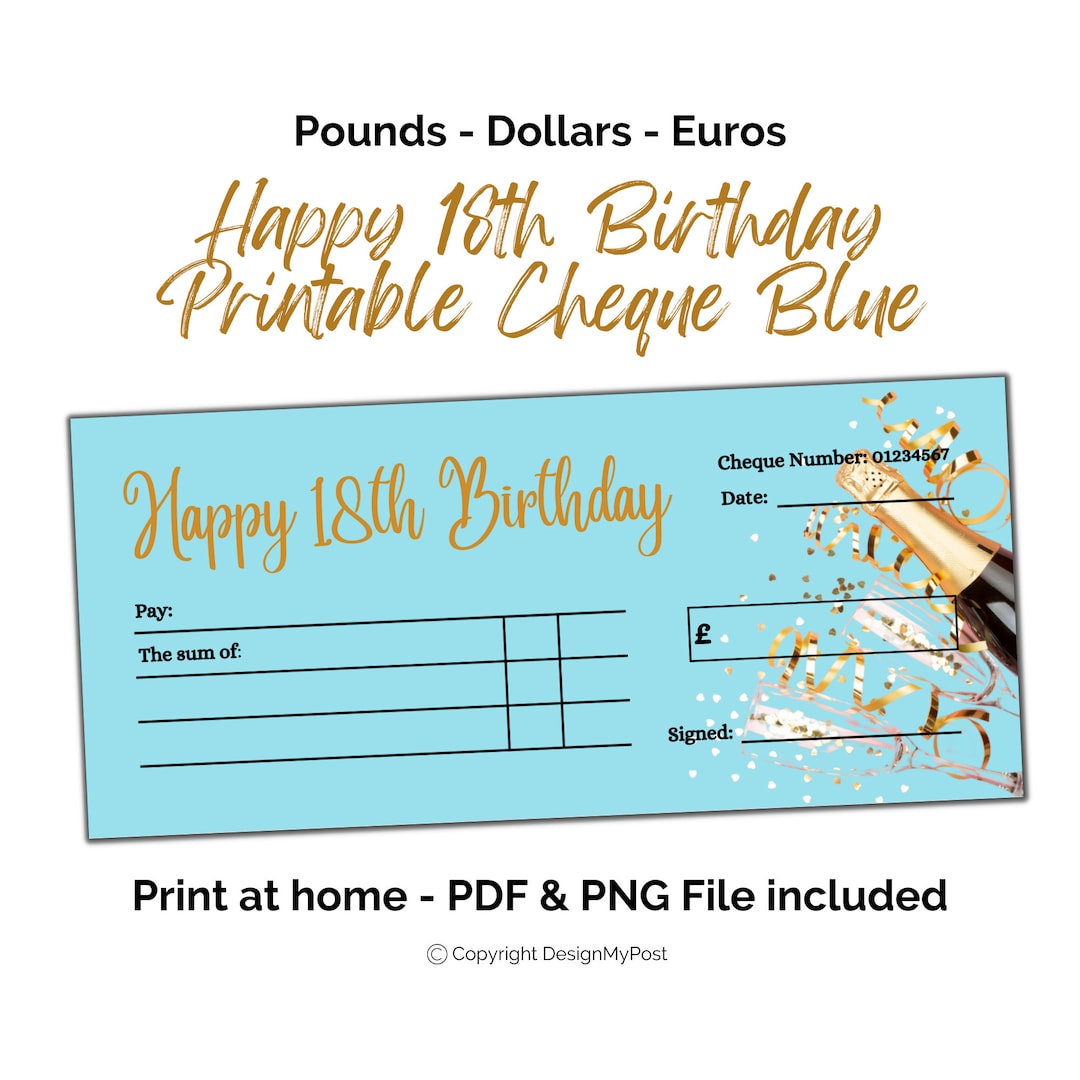 Cheque for 18th Birthday Gift Blank Cheque Template Euros, Pounds ...