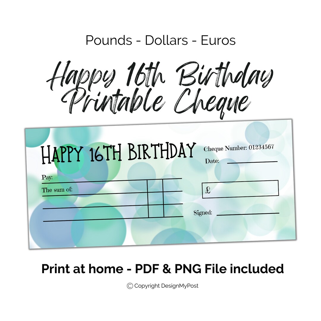 Blue Fake Cheque for Boys 16th Birthday Money Gift for Sixteenth Cheque ...