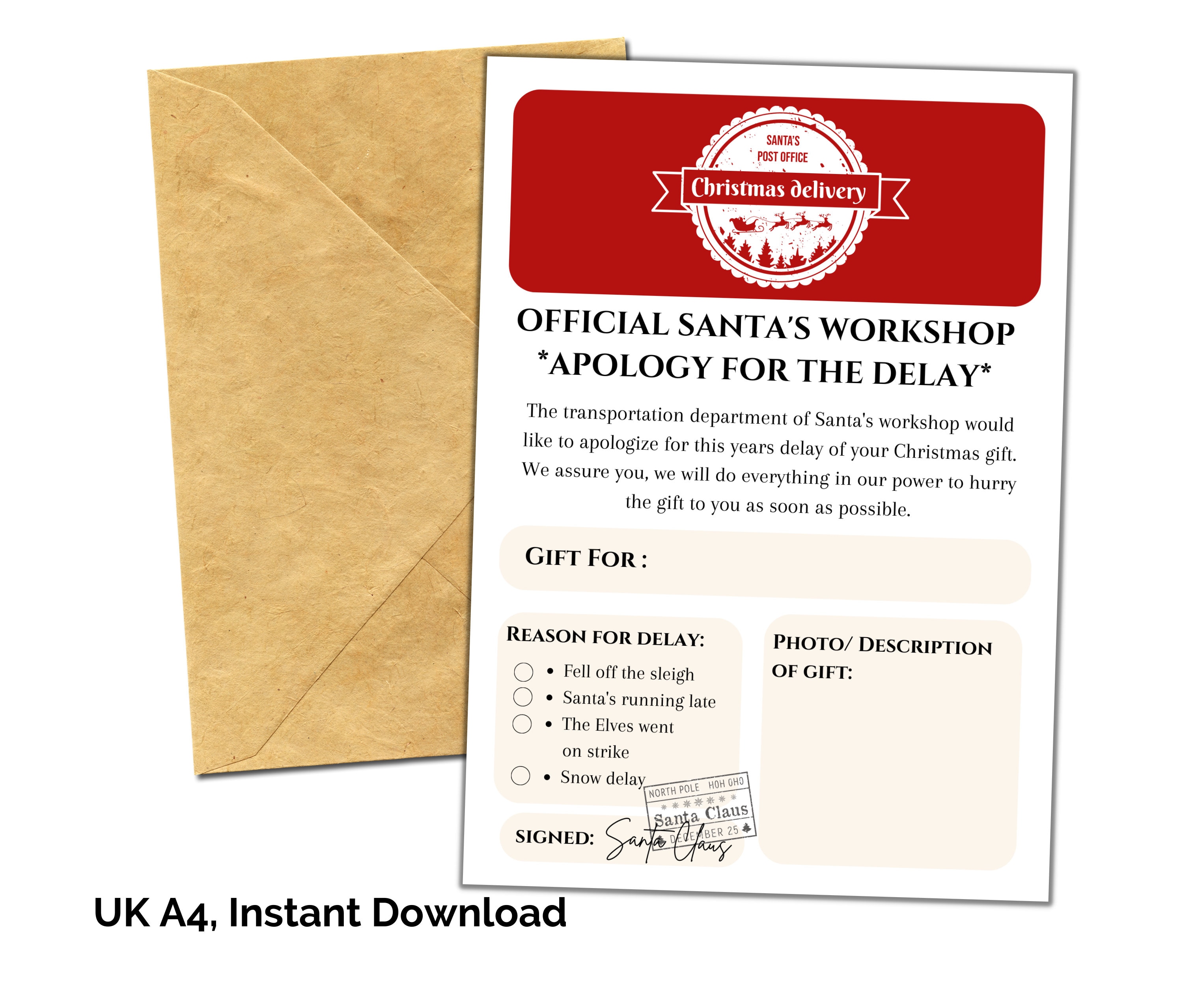 Christmas Gift Delay Apology Letter. Printable A4 Notification From ...