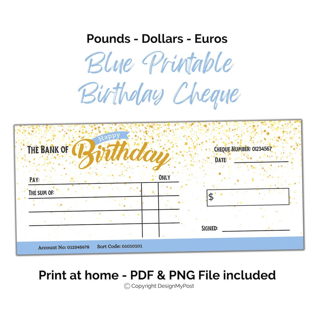 Blue Printable Birthday Cheque. Gift Cheque Template for Boys in Euros ...