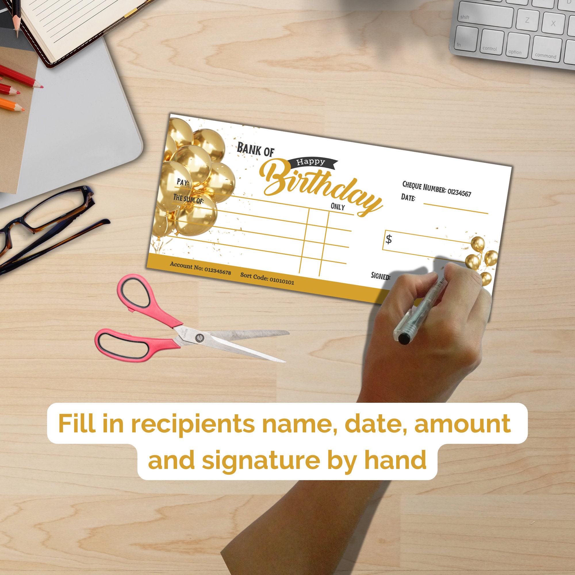 Printable Birthday Cheque. Gift Cheque Template With Gold - Etsy