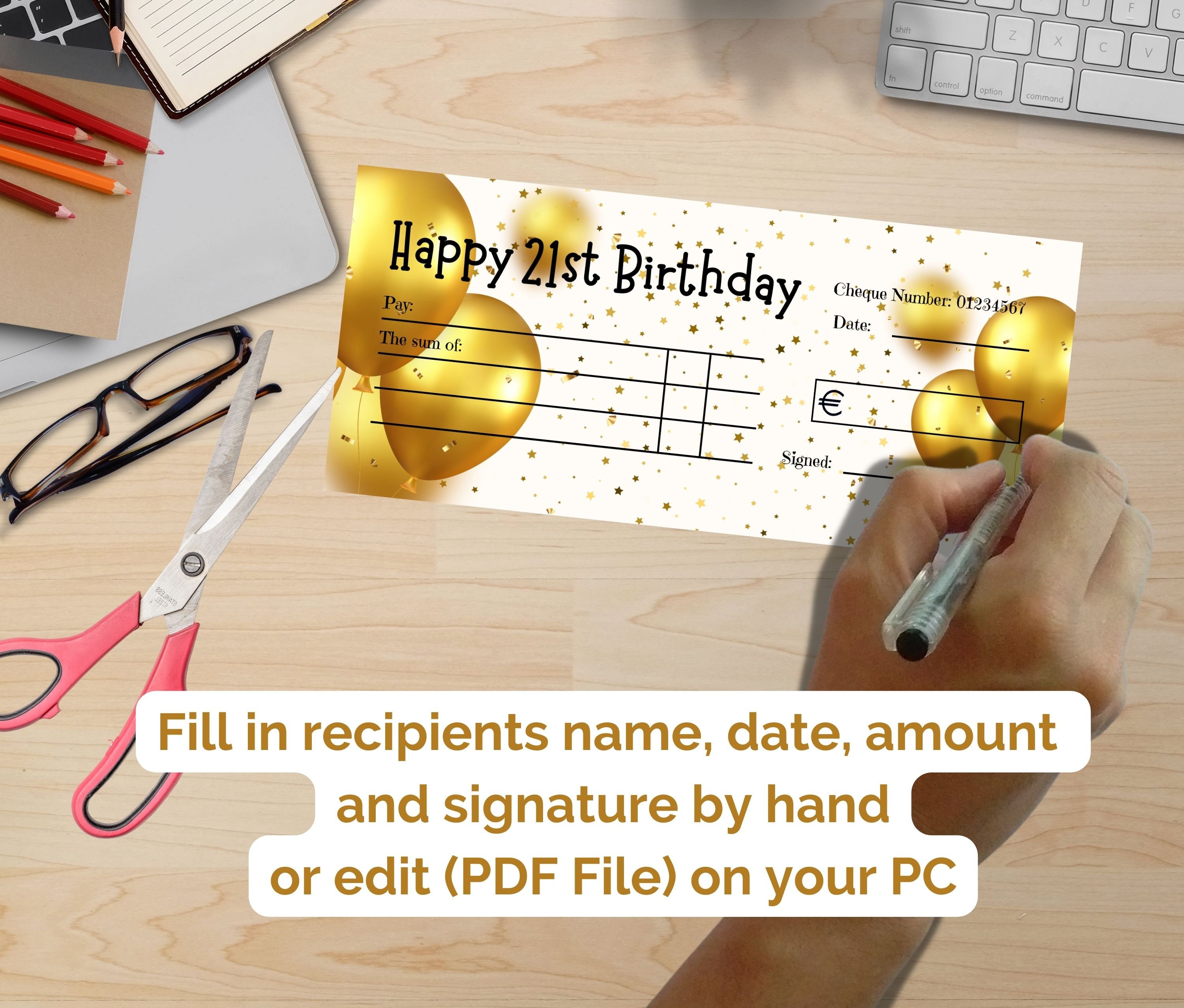21st Birthday Gift Fake Blank Cheque Template Euros Pounds & - Etsy