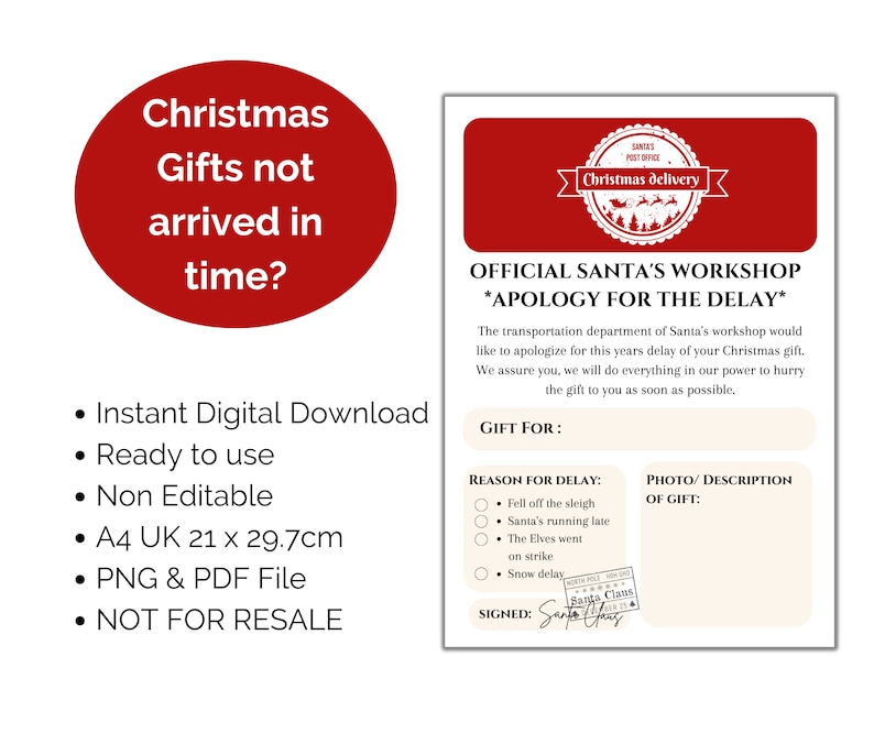 Christmas Gift Delay Apology Letter. Printable A4 Notification From ...