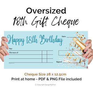Large Blue Cheque for 18th Birthday. Gifting Blank Cheque Template ...