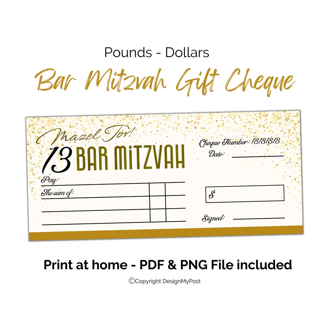 Bar Mitzvah Gift Check Template: Mazel Tov Money Present (PDF & PNG) - Etsy