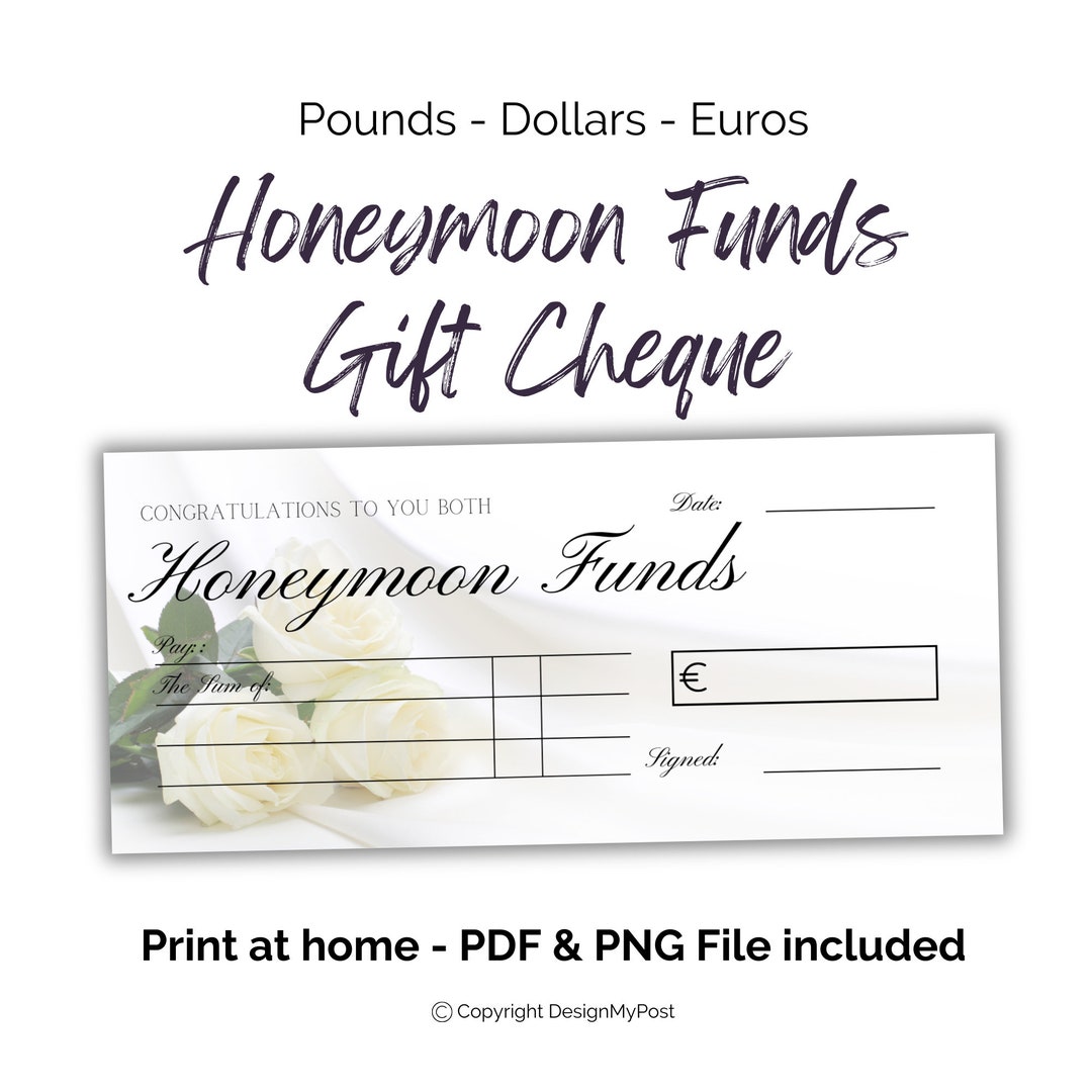 Honeymoon Gift Cheque. Blank Cheque for the Newly Weds. Print at Home ...