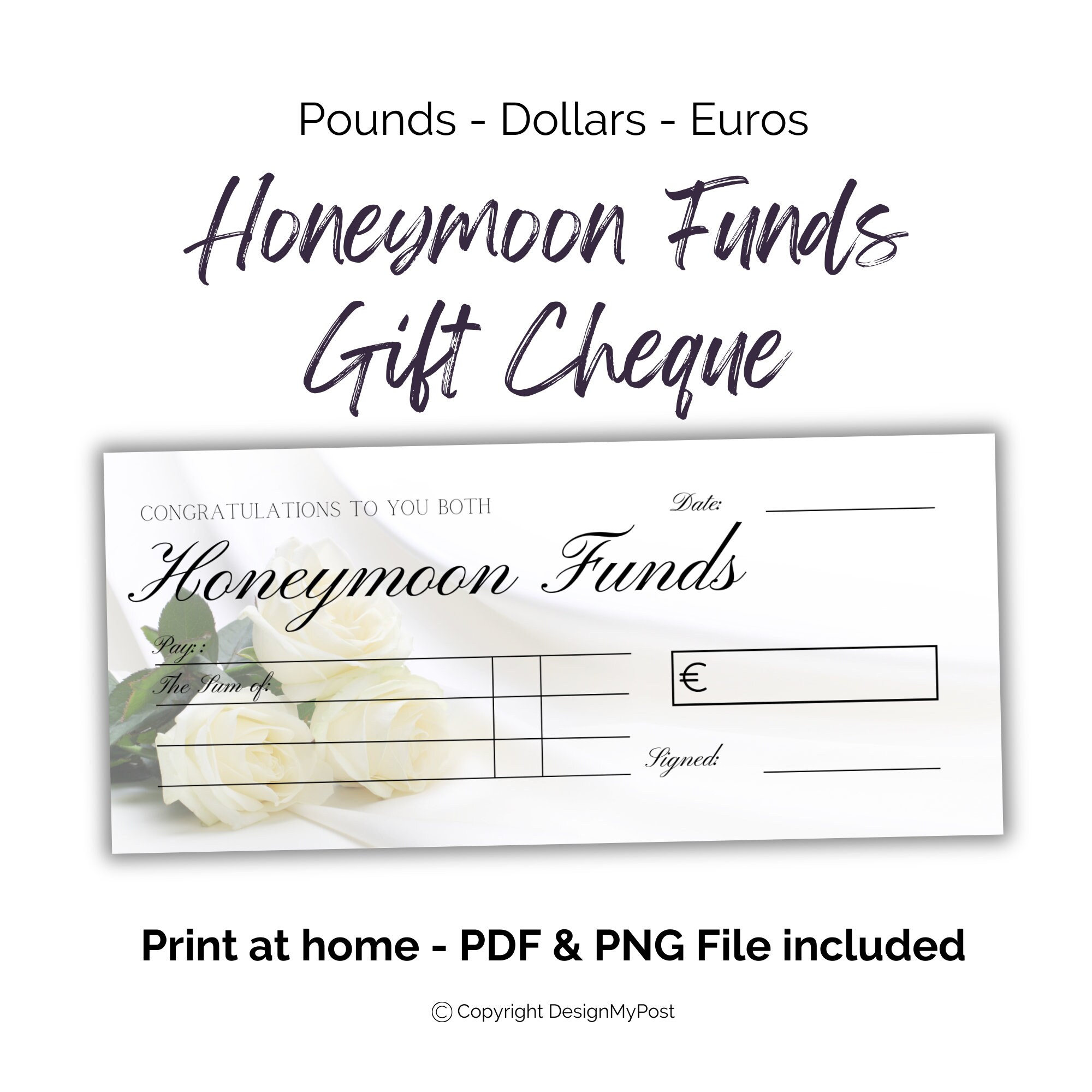Honeymoon Gift Cheque. Blank Cheque for the Newly Weds. Print at Home ...