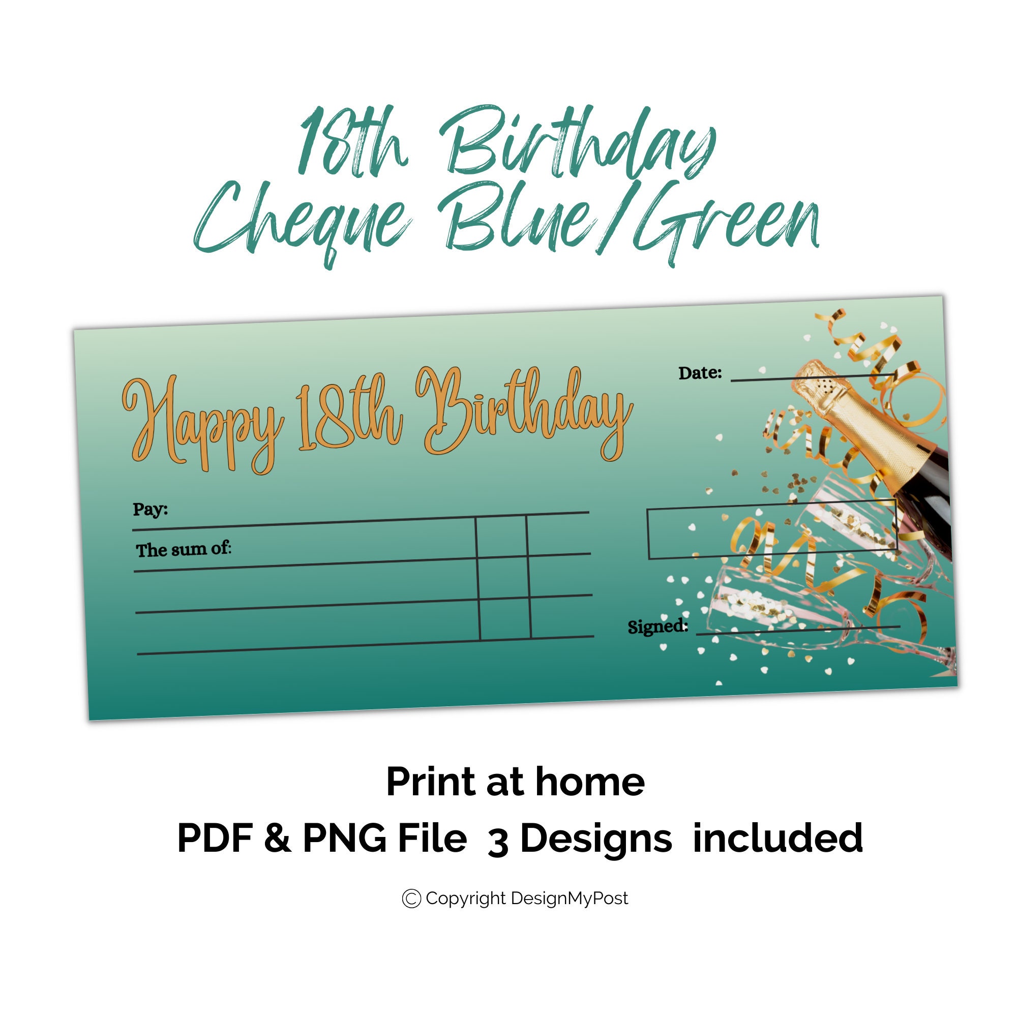 Cheque for 18th Birthday Gift Blank Cheque Template in 3 Colour ...