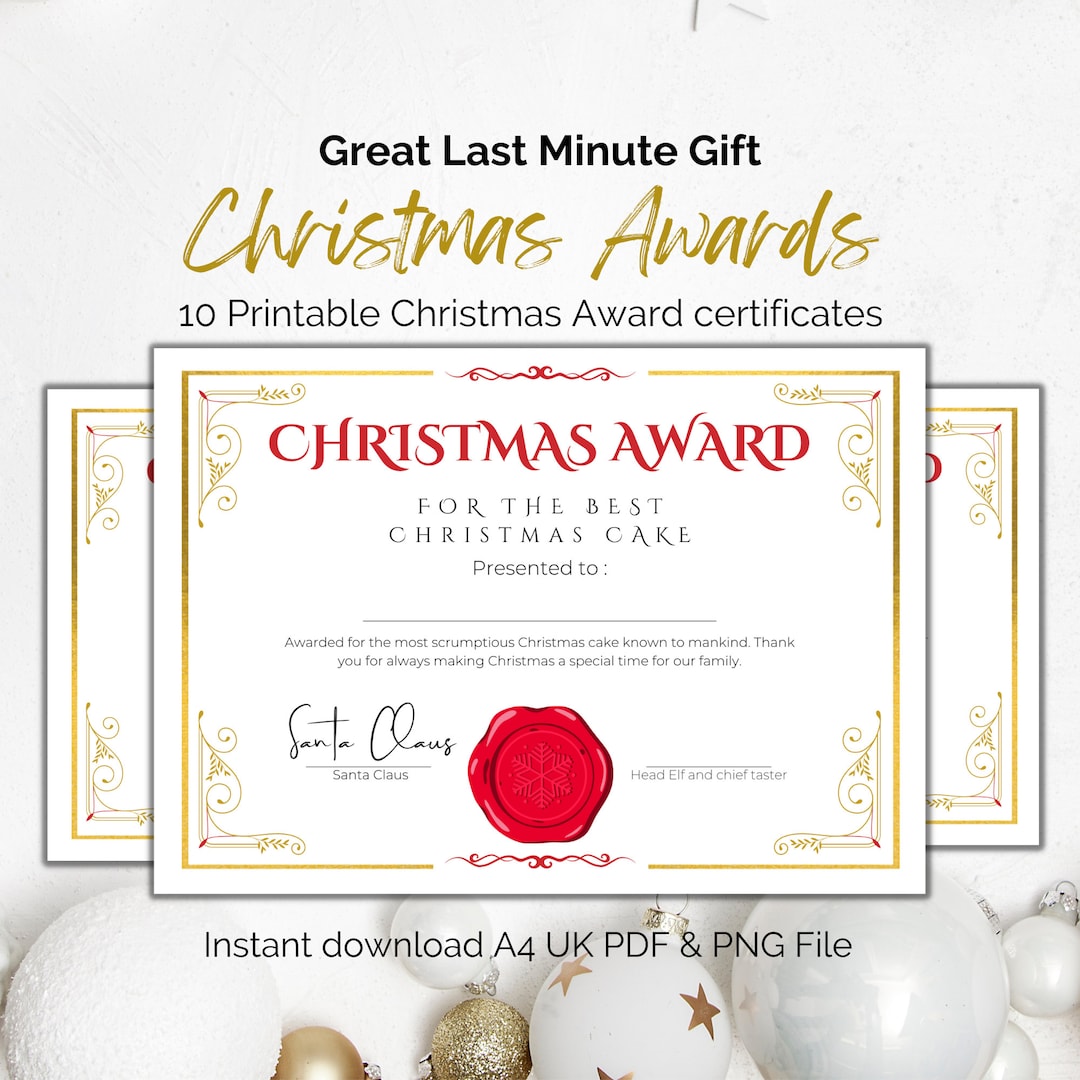 Printable Christmas Award Certificate. Last Minute Xmas Gift. 10 A4 ...