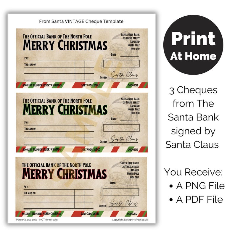 From Santa Christmas Blank Cheques. Digital Download, Printable Xmas ...