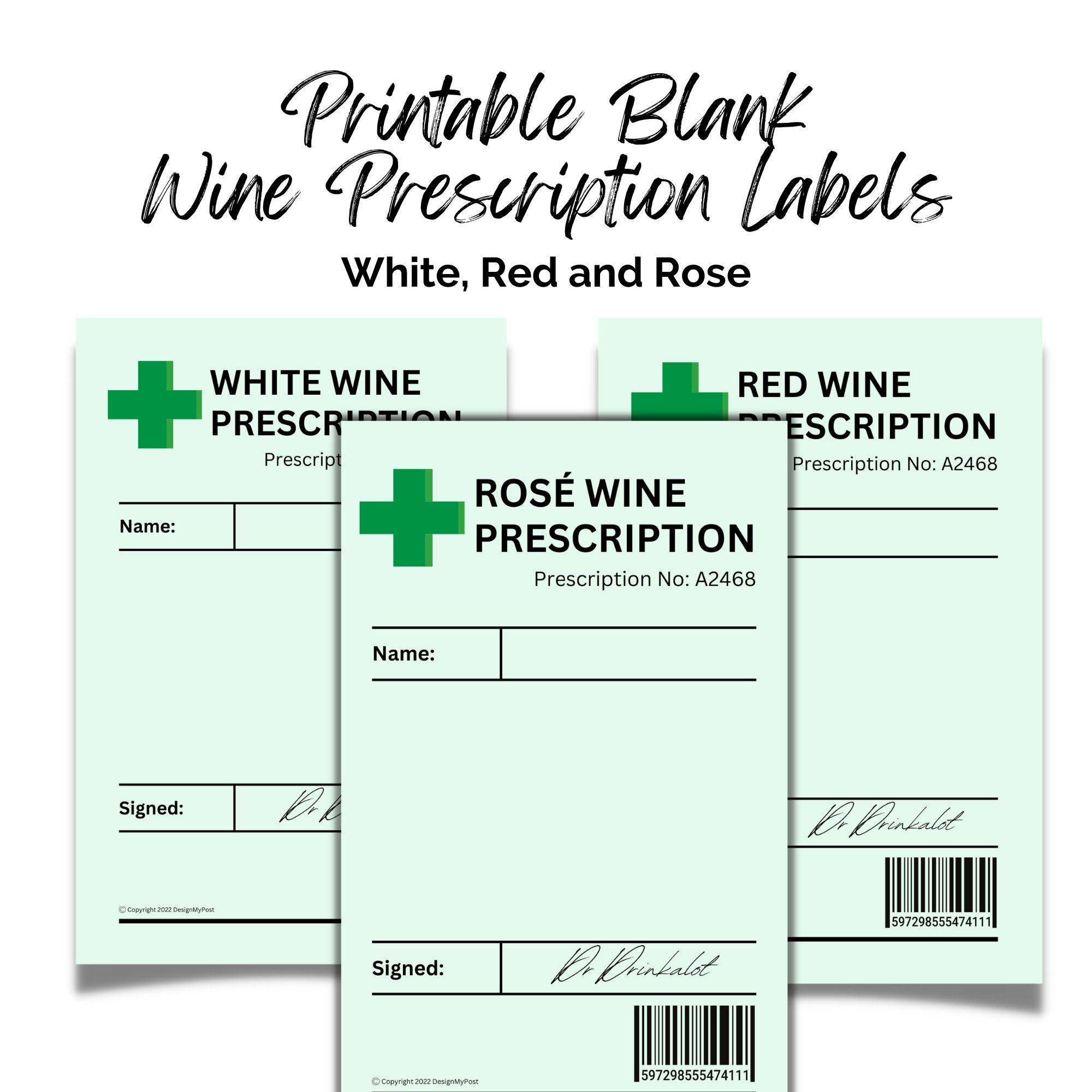 Wine Prescription Label. Printable Blank Funny Novelty Gift. Digital ...